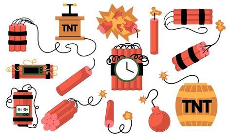 타이머와 퓨즈가 있는 다이너마이트 및 Tnt 폭발물의 만화 세트 화재 폭탄 및 위험한 컬렉션 프리미엄 벡터