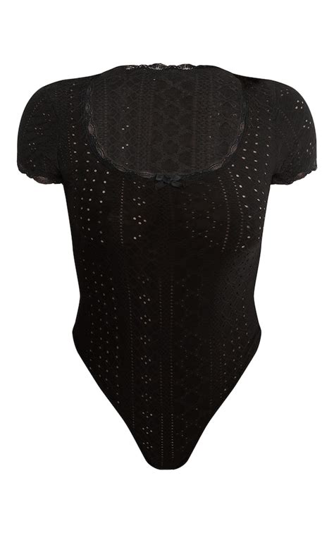 Black Textured Stretch Trim Short Sleeve Bodysuit Tops