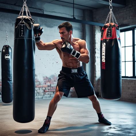 Man Practicing Boxing Techniques With Punching Bag And Speed Bag