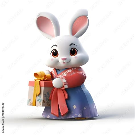 생성형 인공지능으로 만든 명절을 맞이하여 한복을 입은 귀여운 토끼 Stock Illustration Adobe Stock