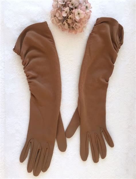 Vintage Brown Gloves Ladies Elbow Length Glove Ruched Etsy Canada