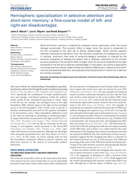 Pdf Hemispheric Specialization In Selective Attention And Short Term Memory A Fine Coarse