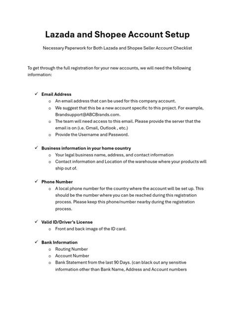 Lazada And Shopee Account Setup Checklist Pdf