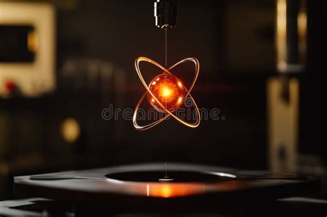 Innovative Depiction Of Atomic Structure With Glowing Particles In A Laboratory Setting Stock