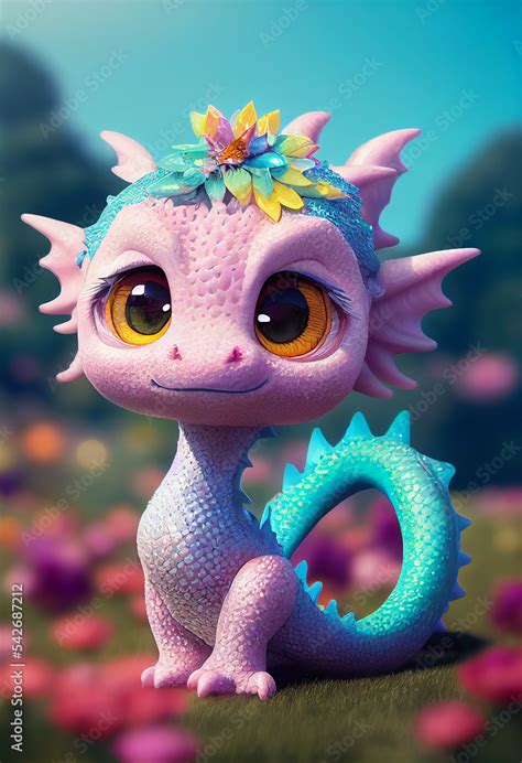 Cute Baby Dragon In A Flower Field Close Up Fantasy Creature Adorable