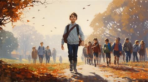 Niño Caminando A La Escuela Con La Clase En Otoño Foto Premium