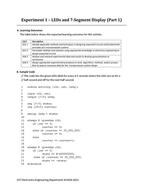 Experiment 1 Leds And 7 Segment Display Part 1 A Learning Outcomes Pdf Hardware