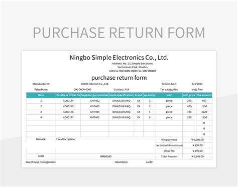Purchase Return Form Excel Template And Google Sheets File For Free Download Slidesdocs