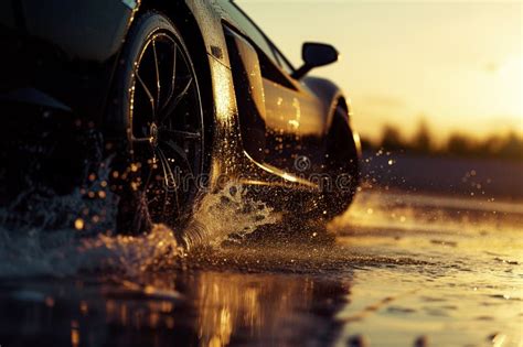 Supercar Dripping In Water Paint Streaks Close Up Sunset Lighting