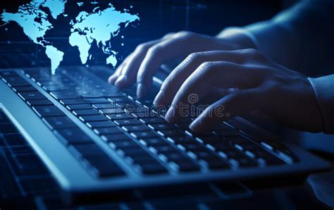 Hand Typing On A Keyboard With World Map In The Background Stock