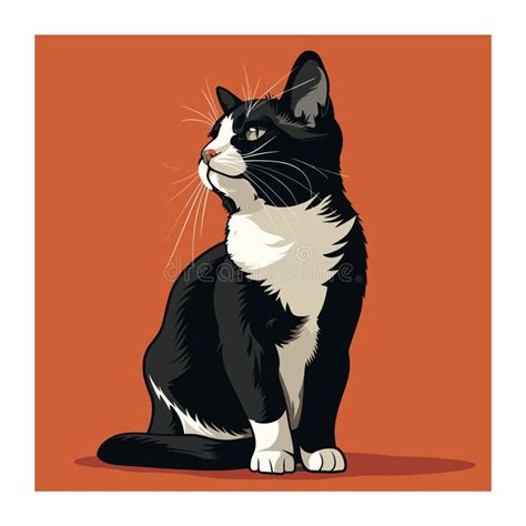 Black White Tuxedo Cat Illustration Looking Side Whiskers Prominent