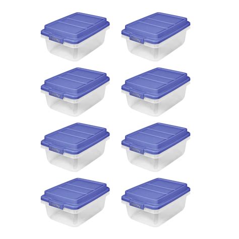 Hefty 18 Qt Clear Plastic Storage Bin With Blue Hi Rise Lid 8 Pack