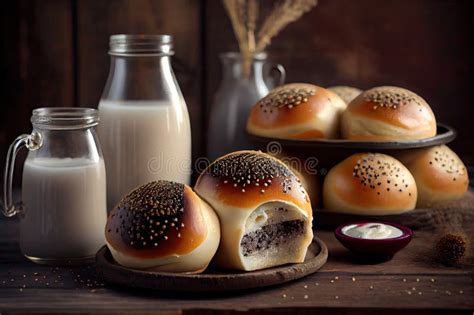 Homemade Poppy Seed Buns With Luscious Jam And Milk Glaze Stock