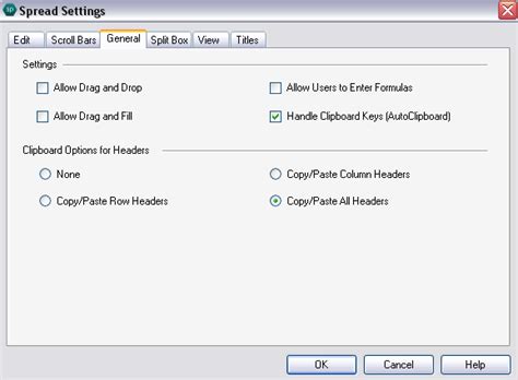 spread settings dialog