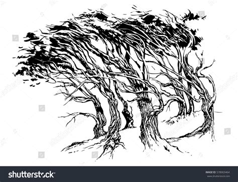 Drawing Trees On Wind Blackandwhite Press vector de stock libre de regalías