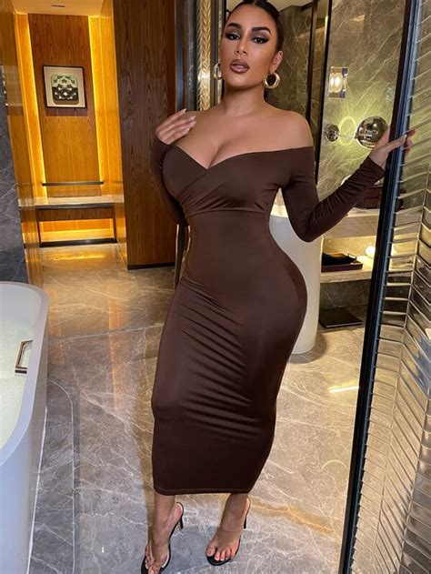 SHEIN SXY Solid Off Shoulder Bodycon Dress SHEIN UK