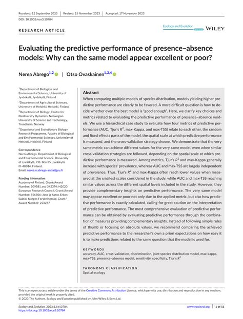 Pdf Evaluating The Predictive Performance Of Presenceabsence Models