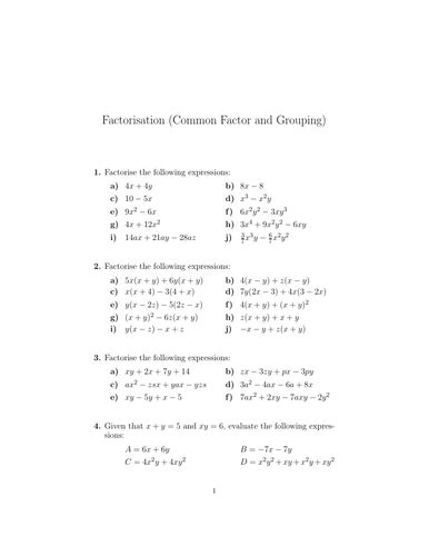 Factorisation Common Factor And Grouping Worksheet No 3 With