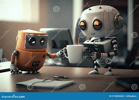 Cute Robot Assistant Bringing Cup Of Coffee To Busy Executive In Office Stock Illustration