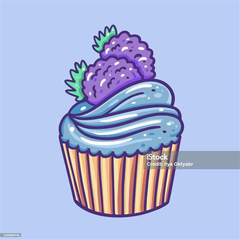 블랙 베리와 컵 케이크 손으로 벡터 그림을 그립니다 만화 스타일입니다 과일에 대한 스톡 벡터 아트 및 기타 이미지 과일 귀여운 낙서 드로잉 Istock