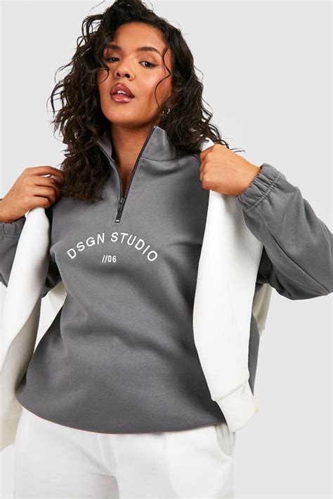 Charcoal Plus Dsgn Studio Half Zip Sweatshirt Boohoo Uk