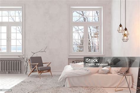 스 칸디 나 비아 로프트 인테리어 빈 화이트 침실입니다 3d 렌더링 그림까지 조롱입니다 호텔 객실에 대한 스톡 사진 및 기타 이미지 Istock