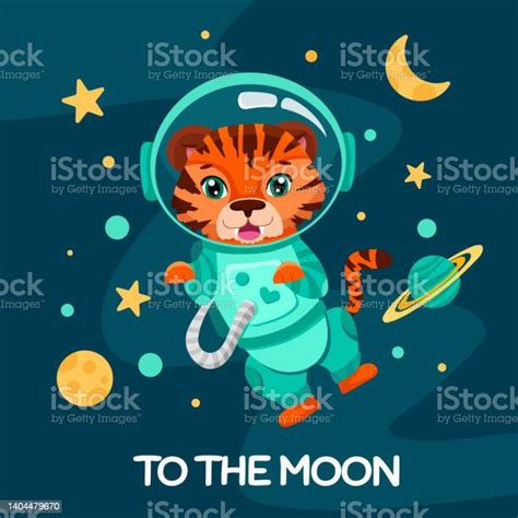 생일 파티 전단지 어린이 인쇄 텍스처 및 베이비 샤워를위한 별 달 및 행성이있는 귀여운 만화 호랑이 우주 비행사 벡터 만화 일러스트 레이 션 우주 비행사에 대한 스톡 벡터