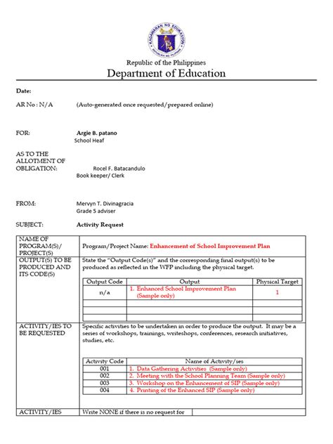 6 Activity Request Template For Implementing Units Pdf Business