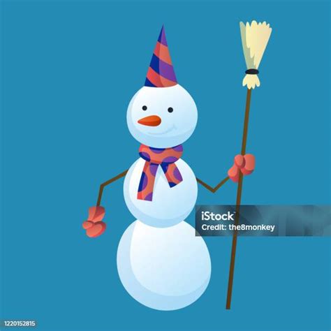 눈사람 하얀 배경에 모자와 스카프를 들고 빗자루를 손에 들고 있다 겨울 테마입니다 벡터 문자 일러스트레이션 0명에 대한 스톡 벡터 아트 및 기타 이미지 Istock