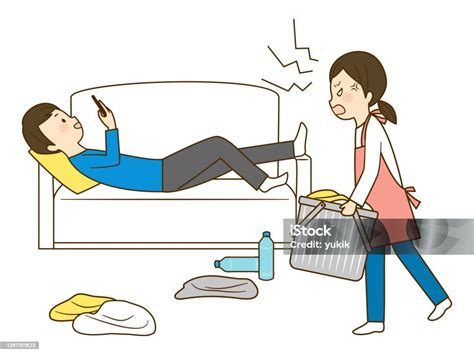 소파에 누워있는 남자와 그의 자극받은 아내의 그림 가사 집안일에 대한 스톡 벡터 아트 및 기타 이미지 가사 집안일 남자