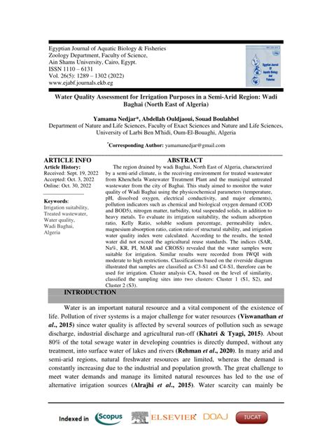 Pdf Water Quality Assessment For Irrigation Purposes In A Semi Arid Region Wadi Baghai North
