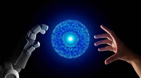 Human Hand And Robot Hand With Hud Circle Interface And Binary Number Code On Black Screen