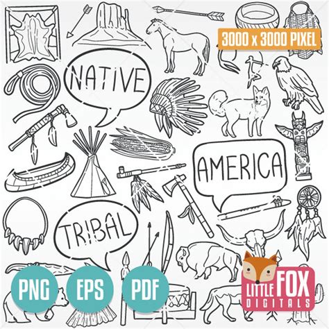 Native American Doodle Icons Indian Tribal Western Adventure Doodle Icons Clipart Scrapbook
