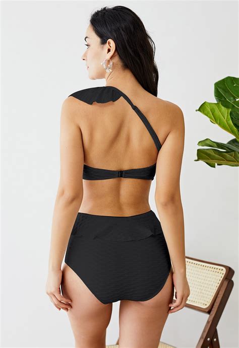 Ruffle One Shoulder Cutout Swimsuit In Black Retro Indie And Unique