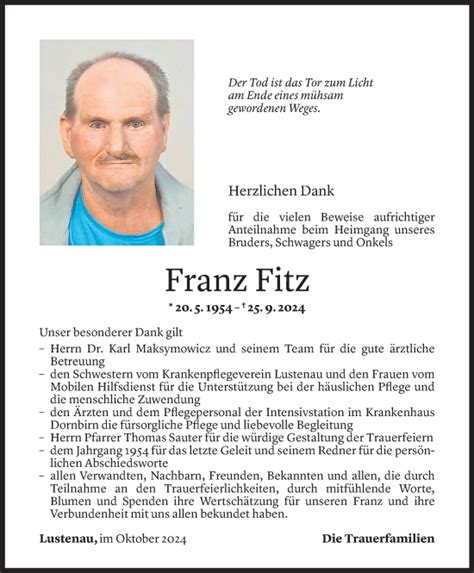 Todesanzeigen Von Franz Fitz Todesanzeigen Vorarlberger Nachrichten