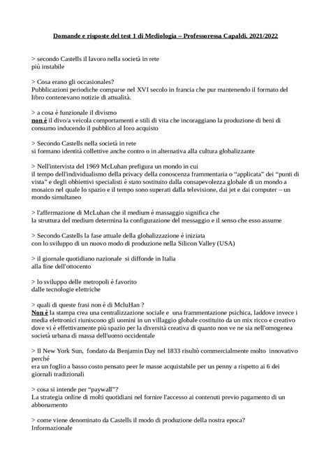 Domande E Risposte Test 1 Di Mediologia Professoressa Capaldi Anno