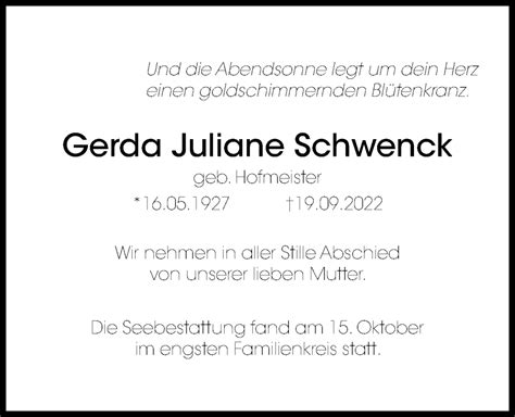 Traueranzeigen Von Gerda Juliane Schwenck Trauer Anzeigende