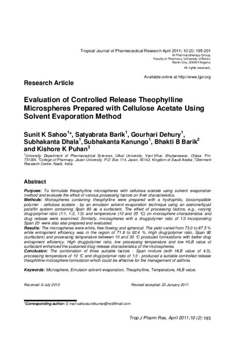 Pdf Evaluation Of Controlled Release Theophylline Microspheres Prepared With Cellulose Acetate