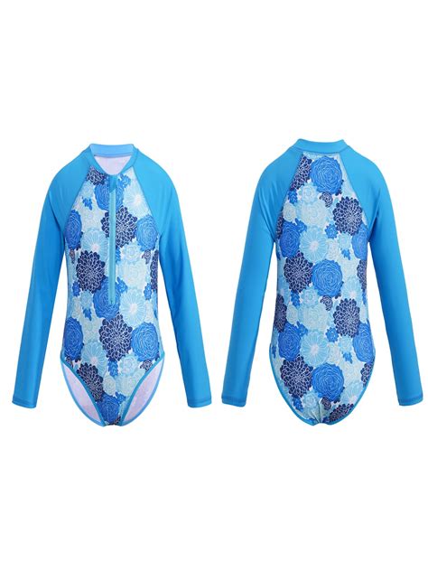 Alvivi Girls One Piece Long Sleeves Swimsuit Palm Printed Zippered