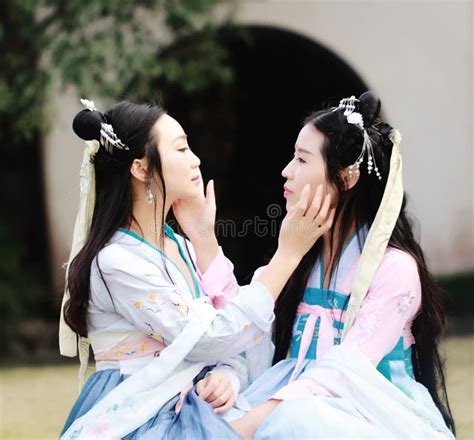 Close Girlfriends Bestie In Chinese Traditional Ancient Costume Stock