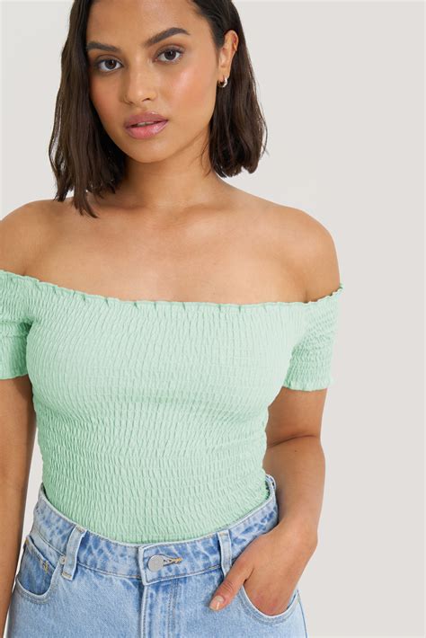 Off Shoulder Smock Top Green Na