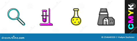 Set Magnifying Glass Test Tube Flask On Stand And Power Station Plant Icon Vector Stock