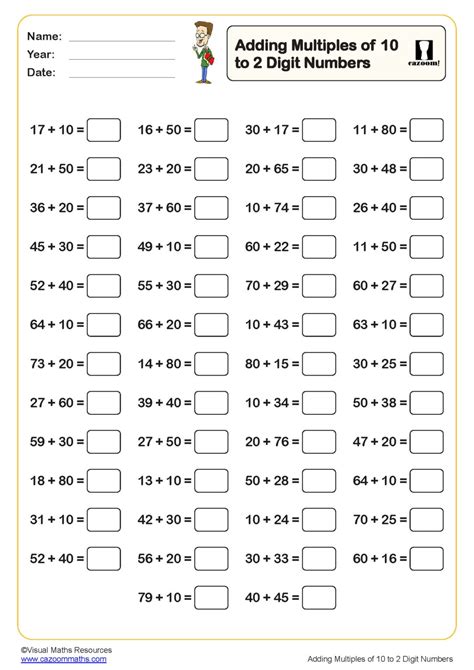 adding mulitples of 10 to a 2 digit number worksheet 50 questions