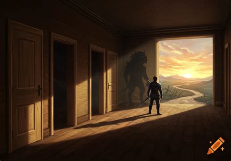 A Knight In A Dark Room With Doors Looks Out An Archway To A Sunlit