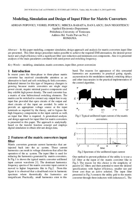 Pdf Modeling Simulation And Design Of Input Filter For Matrix Converters