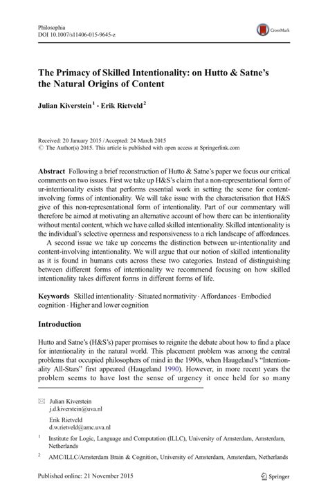 Pdf The Primacy Of Skilled Intentionality On Hutto And Satnes The