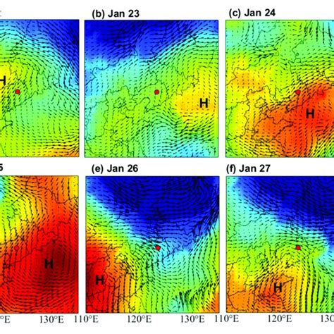 The 900 Hpa Geopotential Height Gh Fields Colored Areas And Wind
