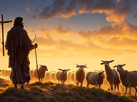 Bible Jesus Shepherd With His Flock Of Sheep During Sunset Premium Ai