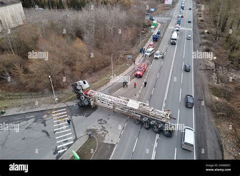 Aerial View Of Road Accident With Overturned Truck Blocking Traffic