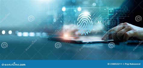 Businessman Using Tablet And Fingerprint Scanning Unlock And Access To